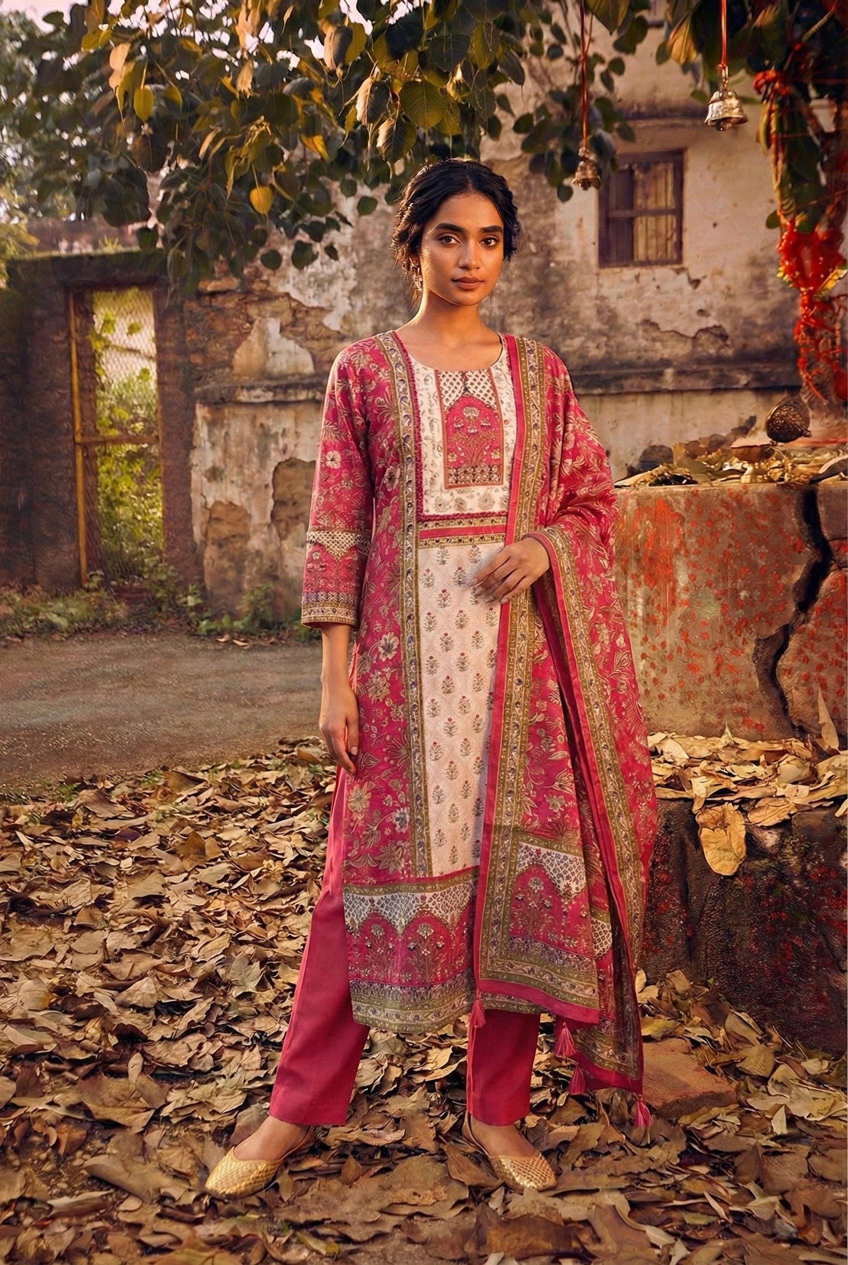 Gulnaar Rose Pink Jaal Printed Suit Set | HER-600