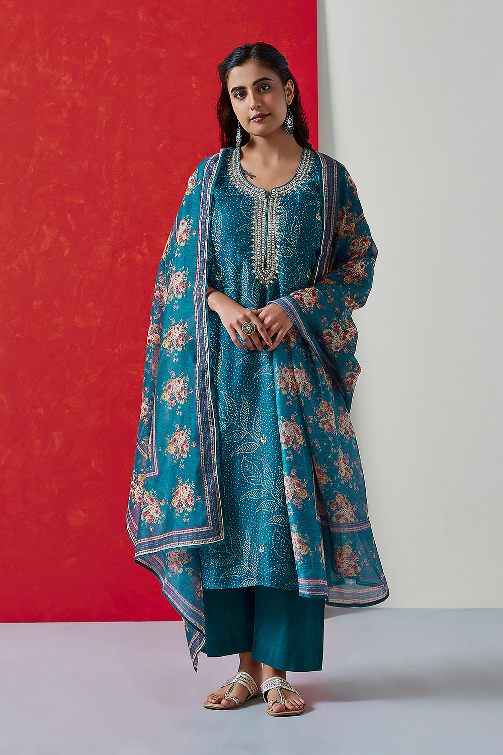 Blue Straight Fit Chanderi Suit Set (With Pants and Dupatta) – Heritage ...