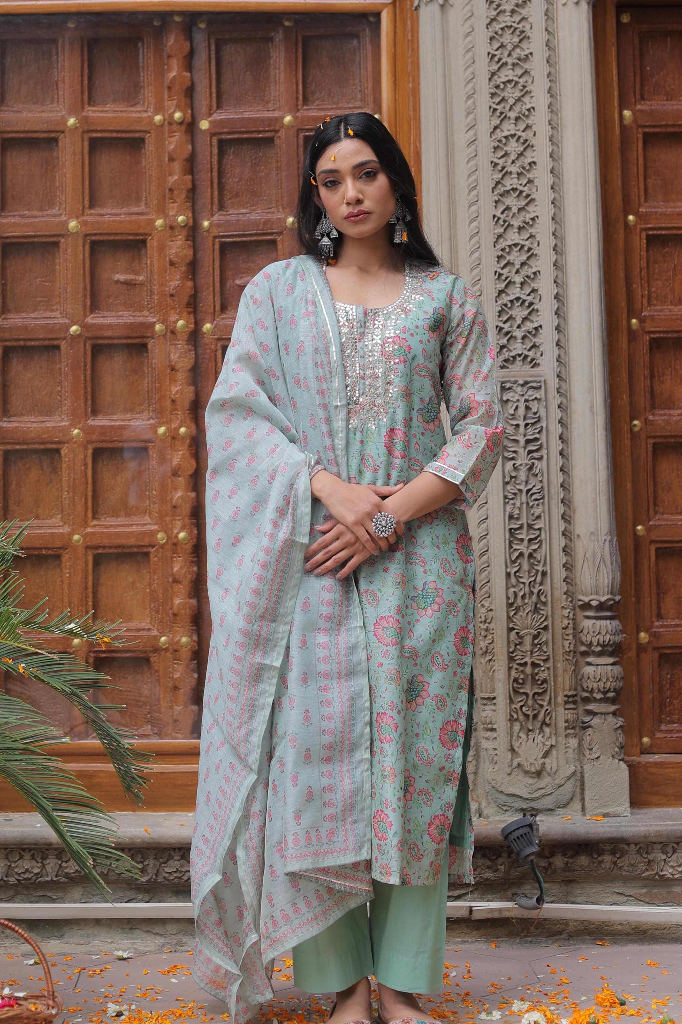 Green Straight Fit Chanderi Suit Set (With Pants and Dupatta ...