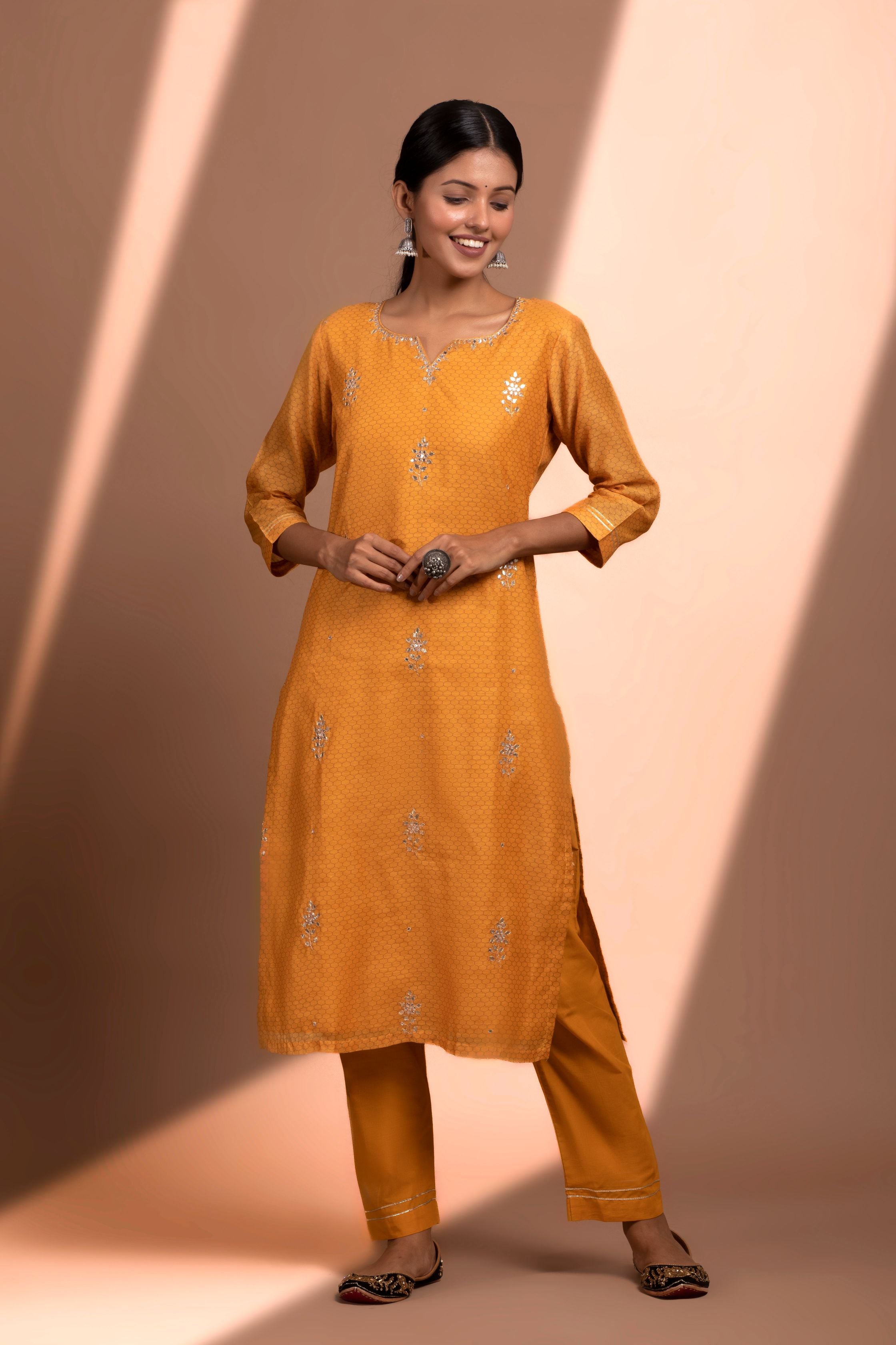 Mustard Straight fit Chanderi Kurta set (with Pant and Dupatta ...